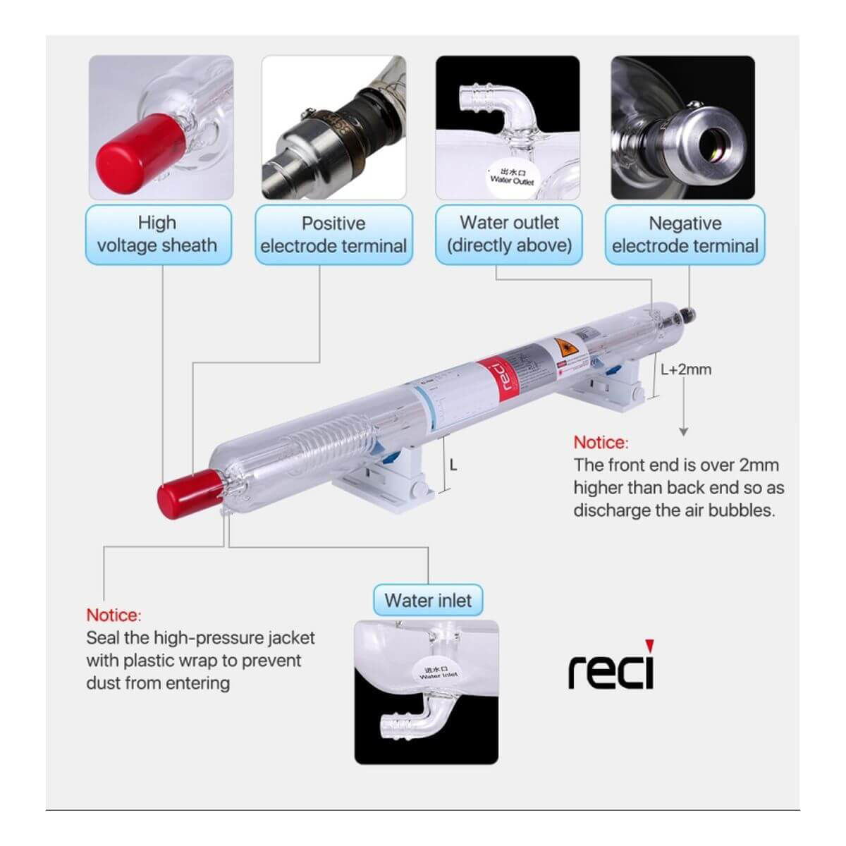 Laserska cev CO2 RECI W2, moč 90w, največja moč (p.p.) 100w, premer ...